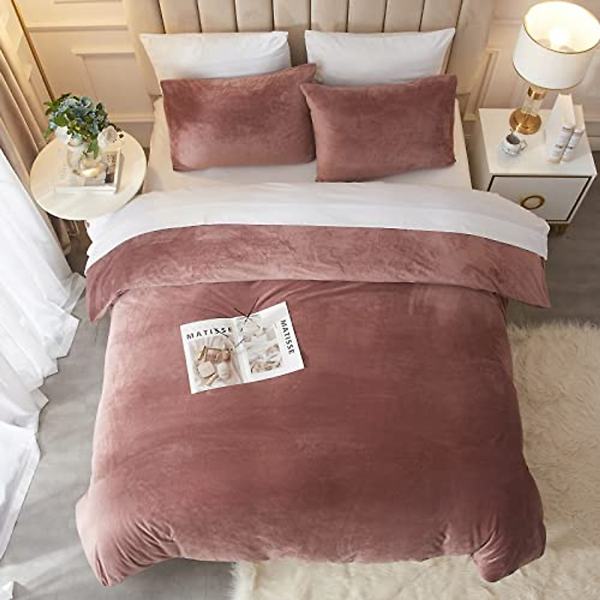 Grassix Velvet Queen Duvet Cover Set, Luxury Velour Duvet Cover 3 Pcs Duvet Cover Sets with 2 Pillowcases, Super Cozy Comforter Cover Sets Zipper Closure with 8 Corner Tie for All Seasons