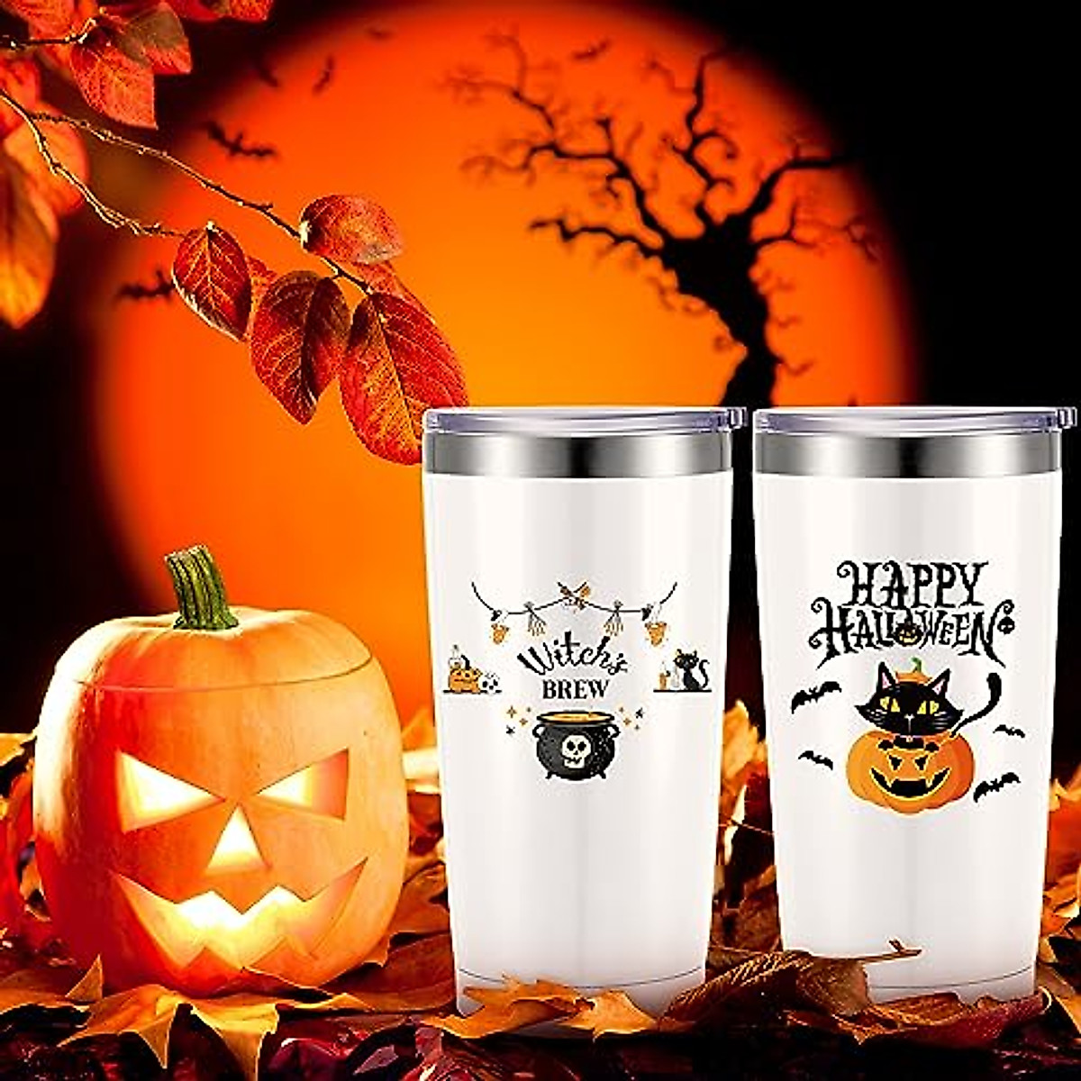 Dandat 4 Pieces Novelty Halloween Gifts For Her Trick Or Treat Tumbler with Lid Straw Brush 20 oz Stainless Steel Coffee Mug, Halloween Witches Mug Tumbler for Halloween Decorations Indoor, Outdoor