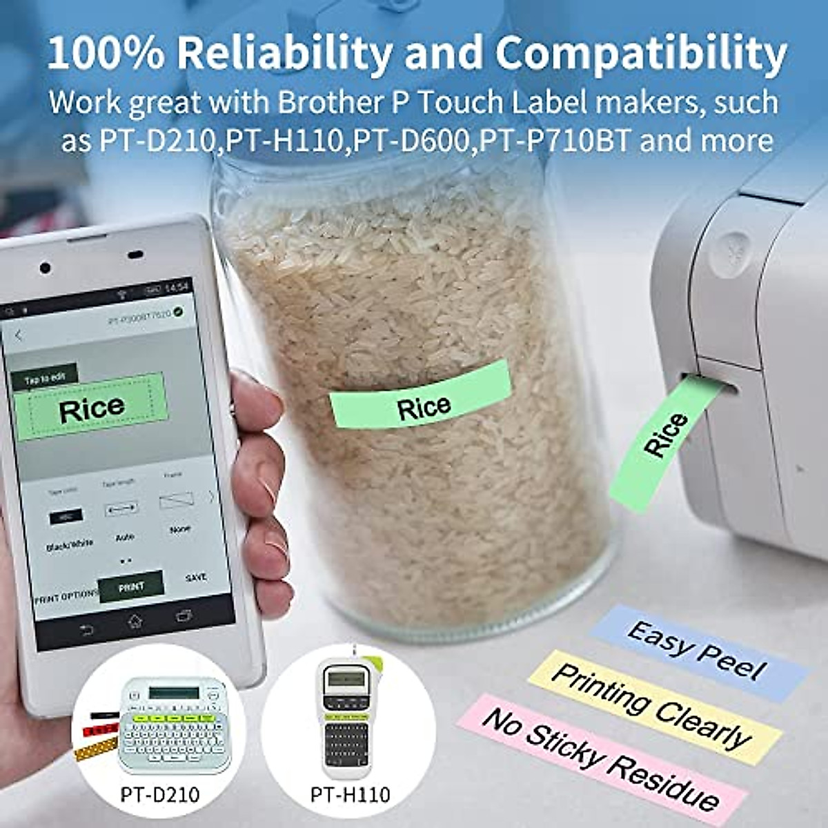 Ptouch Tape 12mm 0.47 Inch Laminated Clear/Purple/Blue/Pink/Lemon Yellow/Mint Green Replacement for Brother TZe Tape Compatible with Brother P Touch PT-H110 D210 D400 1280 1800 Label Maker Tape,6 Pack