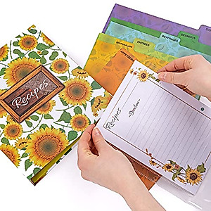KitchenMania Sunflower Recipe Binder Kit, 8.5x9.5 Recipe Ring Binder 3 Ring Organizer Set with 50 Recipe Cards 4x6 Double Sided, 12 Category Dividers Tabs and Page Protectors