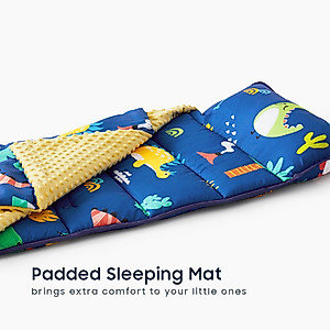 Wake In Cloud - Toddler Nap Mat with Pillow and Minky Fleece Blanket, for Kids Boys Girls in Daycare Preschool Kindergarten, Roll Up Sleeping Bag, Dinosaur Navy Blue, Standard Size