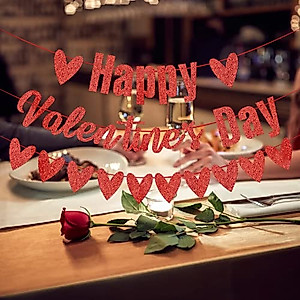 MZ.ogm Valentines Banner with Glittery Felt Heart Garland Banner Happy Valentines Day Banner Decor for Fireplace Valentines Day Decorations for