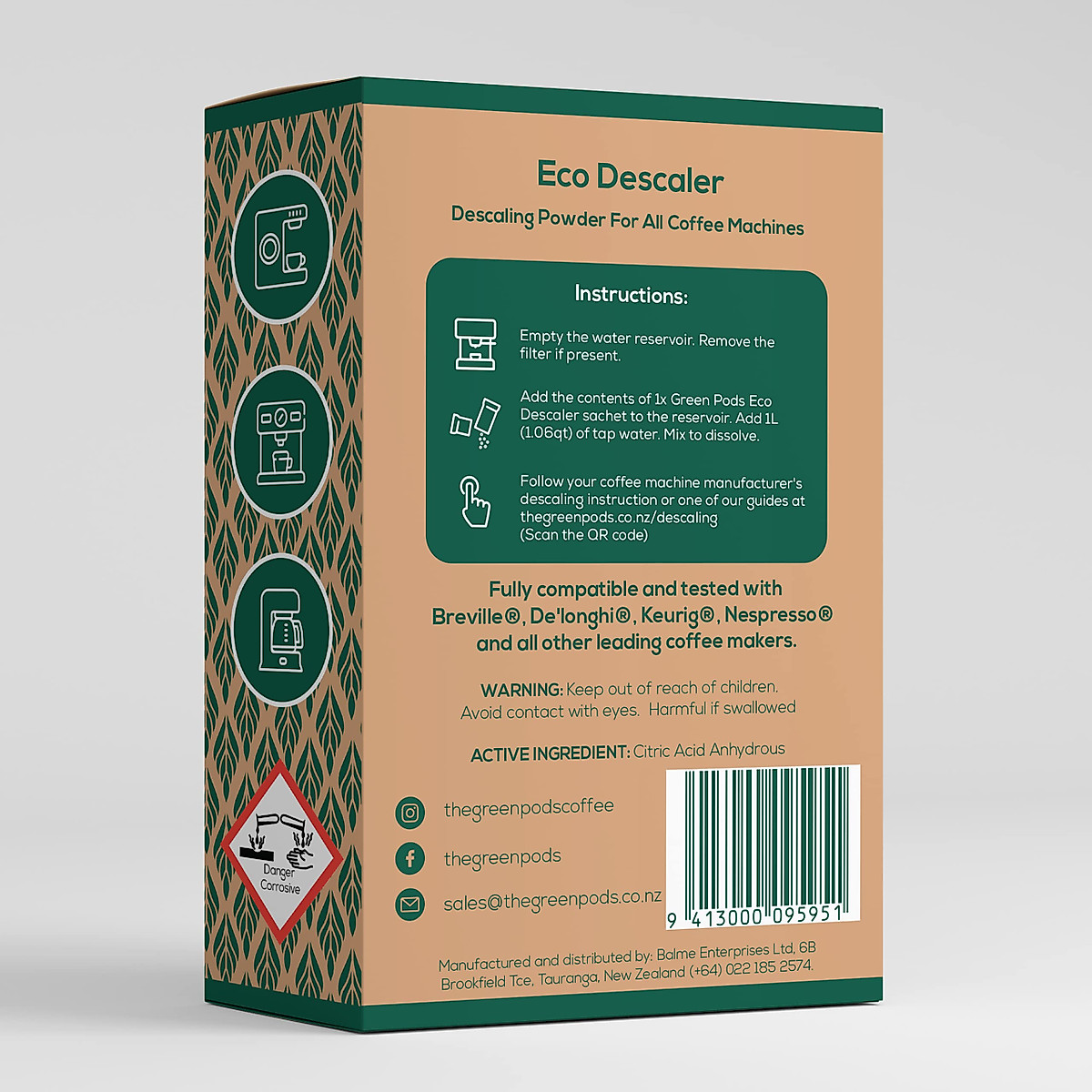 The Green Pods Eco Descaler - Coffee Machine Descaler Compatible With Nespresso, Keurig, Breville, DeLonghi, And All Others - Descaling Powder