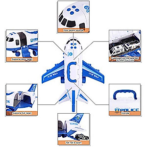 Airplane Toys, Cars Toys Set Fire Truck/Engineering Vehicle/Sanitation Vehicle/Police Car Toys Christmas Birthday Gift for 3 4 5 6 Years Old Boys Toddlers Deformable Aircraft Storage Cars Toy (Blue)