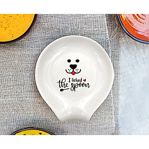 WHING Funny White Ceramic Coffee Tea Spoon Rest, I licked the spoon - Coffee Holder Coffee Station Decor Accessories Gift for Coffee Lovers Friends, 3.8×3.4×0.2
