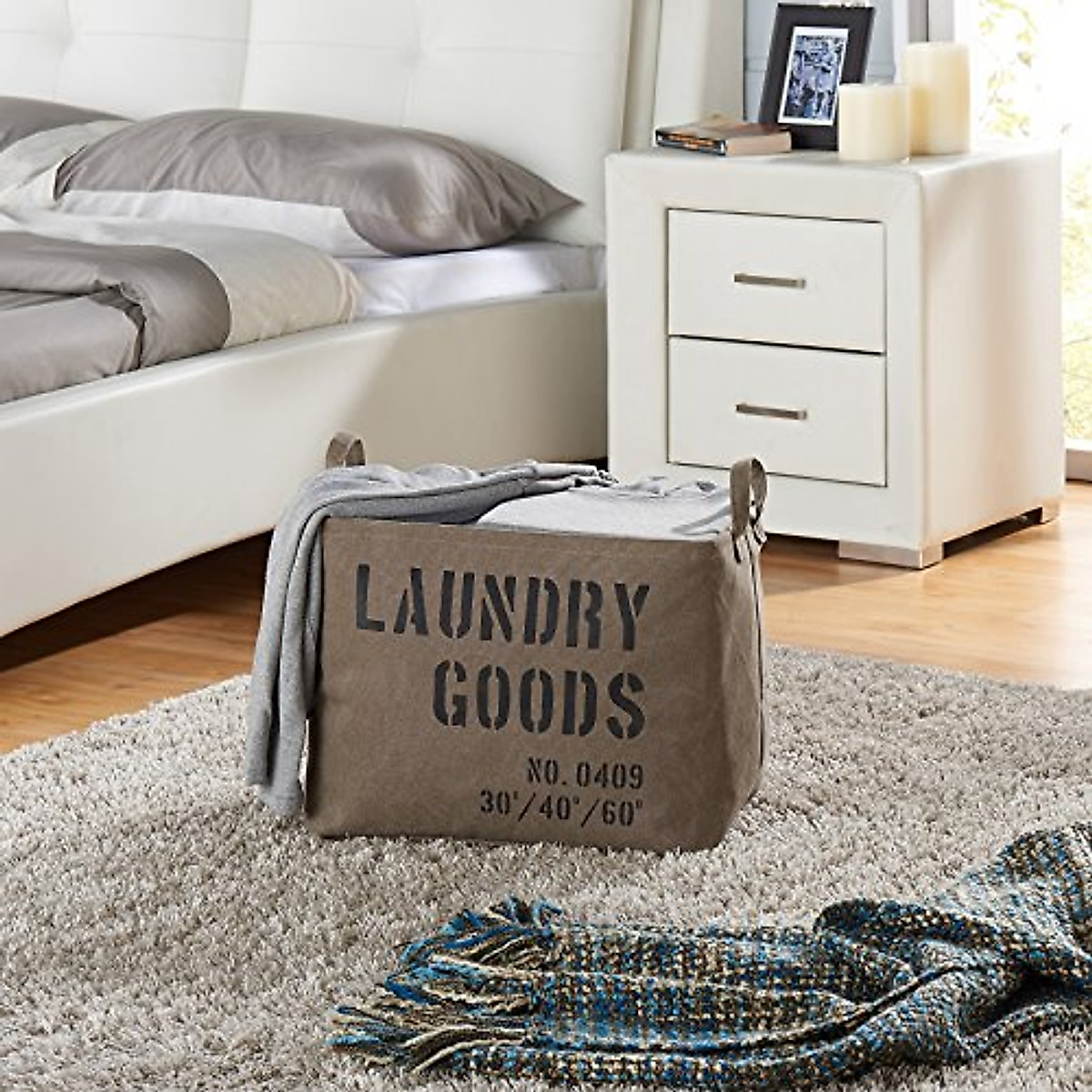 Danya B. LY117 Decorative Canvas Laundry Basket with Handles - Portable Collapsible Foldable Clothes Hamper - Khaki Green