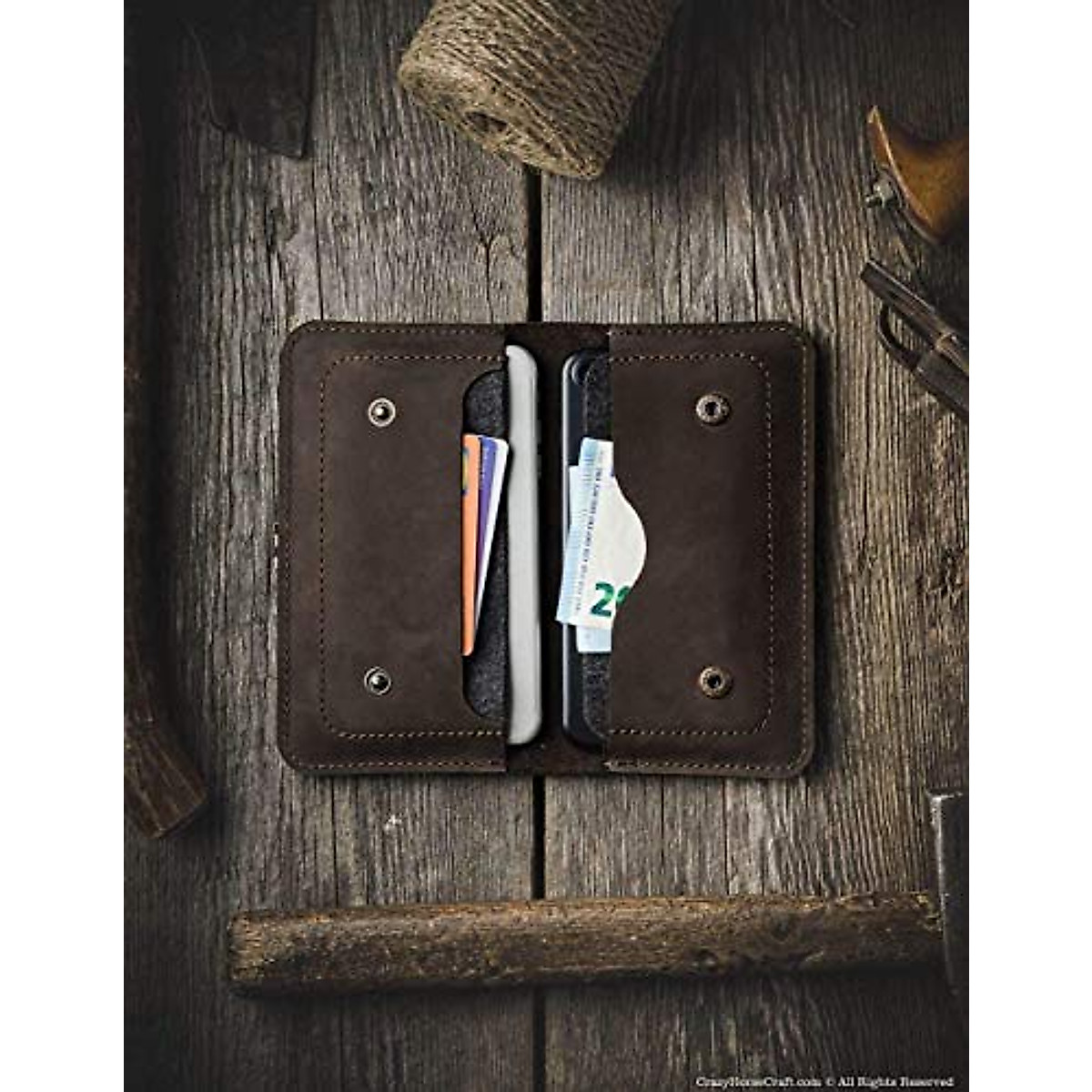 Leather Wallet for iPhone 14 Pro / 14 Plus, 14/13 / 12 Pro Max, 13/12 Mini, Sleeve for Two Phones, Wood Brown, Handmade Phone Cover SE, 12, 11 Pro Max/Xr/Xs/8,7,6s,X Wool Felt, Crazy Horse Craft