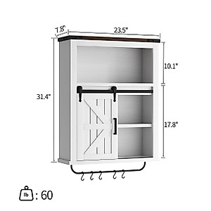 Vagaconl Bathroom Wall Cabinet, Farmhouse Medicine Cabinet Bathroom Cabinet Wall Mount with Barn Door Adjustable Shelves Towel Bar Hooks, for Laundry Bathroom Kitchen(Brown & Vintage White)