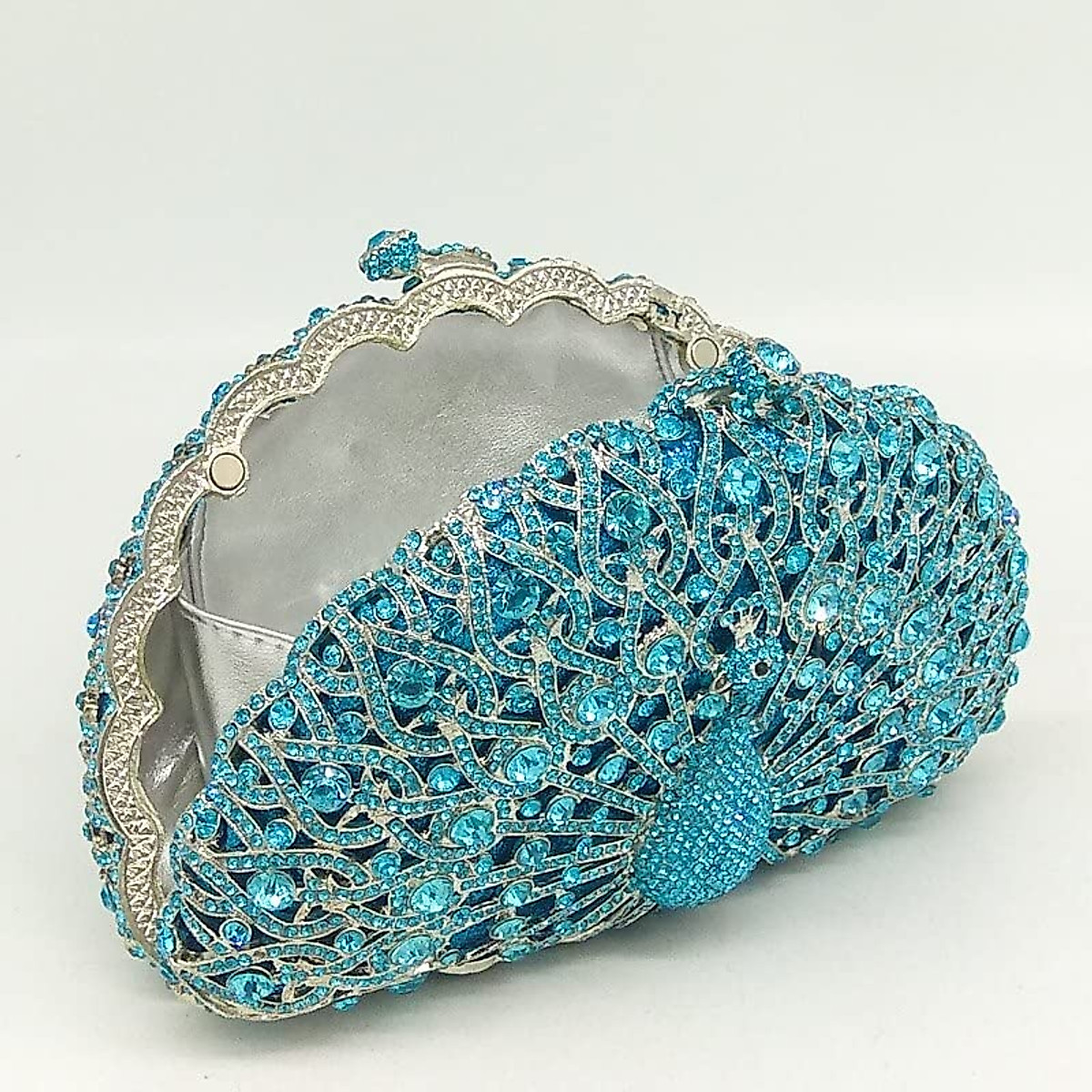 Boutique De FGG Peacock Crystal Clutch Bag Women Formal Evening Handbags Bridal Wedding Rhinestone Clutch Purse Party Bag, Mini, Light Blue