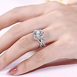 Jeulia 2.5 Carat Halo Solitaire Engagement Rings Women 925 Sterling Silver Floral Flower Rings White Diamond Eternity Band Ring Round Cut Bridal Ring Set Anniversary Promise Rings for Her