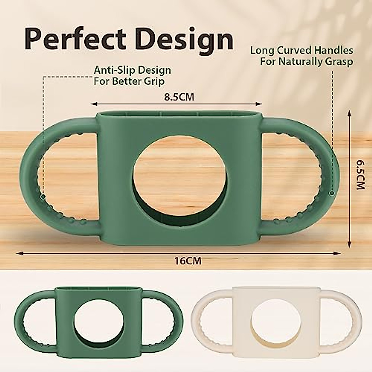 Wide Neck Bottle Handles for Dr Brown, 2 Pack Baby Bottle Holder 100% Silicone, BPA Free, Dishwasher Safe, Baby Grasp Teaching, Hands Free Feeding, White and Green