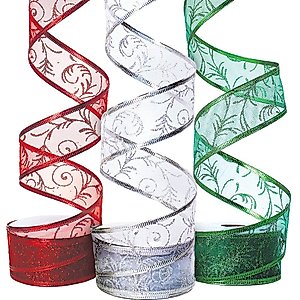 Christmas Ribbon for Gift Wrapping Ribbons Wired 1.5 Inch Set of Ribbon Wire Red Green Silver/White Sheer Organza Glitter Gift Wrap Xmas Tree Decoration Holiday Craft Gifts 30 Yards / 10 Yard Ea. Roll