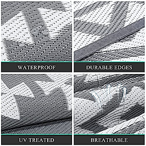 Pauwer Waterproof Outdoor Rug 5x7, Reversible Plastic Straw Patio Camping Rug, Indoor Outdoor RV Mat Carpet for Deck, Camper, Porch, Balcony, Backyard, Picnic, Moro Grey