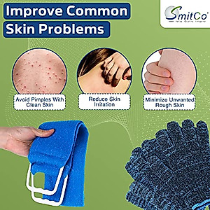 Exfoliating Gloves and Back Srubber for Shower for Men and Women | Body Exfoliation Scrub Towel & Spa-Quality Bath Shower Gloves | Exfoliating Mitts (2 Sets) and Single Back Loofah to Remove Dead Skin