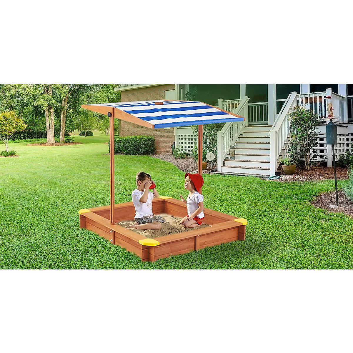 Kids Sandbox with Cover, 46.5" Wooden Sand Box w/Adjustable Canopy, Large Outdoor Cedar Sandpit for Backyard Play
