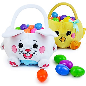 JOYIN 2 Packs Easter Plush Basket Set for Easter Eggs Hunt, Easter Bunny Basket Gift Baskets Bags for Kids, Kids Easter Party Favor (Yellow, White)