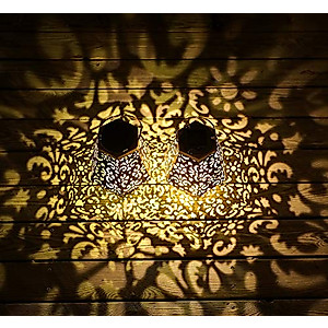 WSgift 2 Pack Hanging Solar Lantern Metal LED Table Lamp Outdoor Solar Hollow-Out Lights with Handle, 6 lumens, 5.5 x 5.5 x 7.5 Inch, Antique Bronze