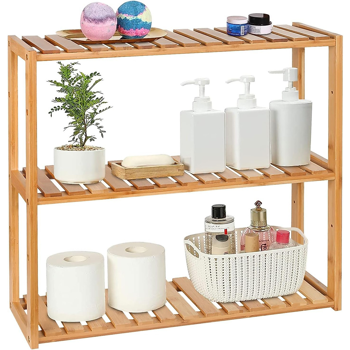PayLessHere Bamboo Shelf 3-Tier Storage Shelves Stand Adjustable Layer Rack with Adjustable Position for Home Bathroom Kitchen Storage Shelf Rack Bathroom Towel Shelf, Natural