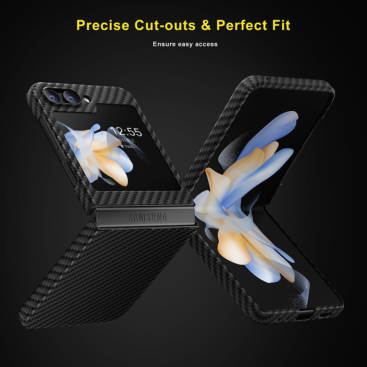 memumi 𝟐𝟎𝟐𝟑 Real Aramid Fiber for Samsung Z Flip 5 Case, Sturdy Durable Aramid 0.5 mm Slim Case for Galaxy Z Flip5 Carbon Fiber Aramid Fiber with Military-Grade Drop Protection Black