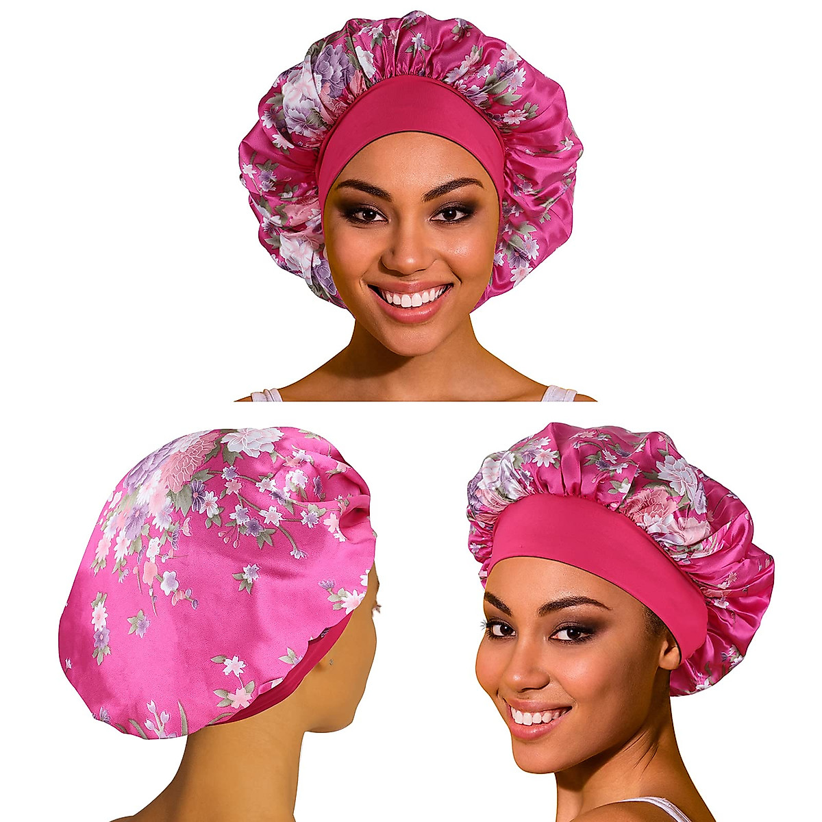 3 Pack Satin Bonnet Silk Bonnet for Sleeping, Bonnets for Black Women Hair Bonnet for Sleeping Large Sleep Cap, Wide Soft Band Bonnet for Curly Hair