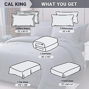 HYMOKEGE California King Comforter Set Seersucker 7 Pieces, All Season Luxury Bed in a Bag for Bedroom, Bedding Set with Comforters, Sheets, Pillowcases & Shams, Dark Grey