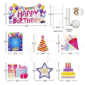 HOMENOTE 7Pcs Happy Birthday Yard Signs With Stakes, 5m LED Light and Personalized Sign, 23.6’’Foldable Large Happy Birthday Sign, Full Set Supplies for Yard Lawn Outdoor Birthday Decoration Party