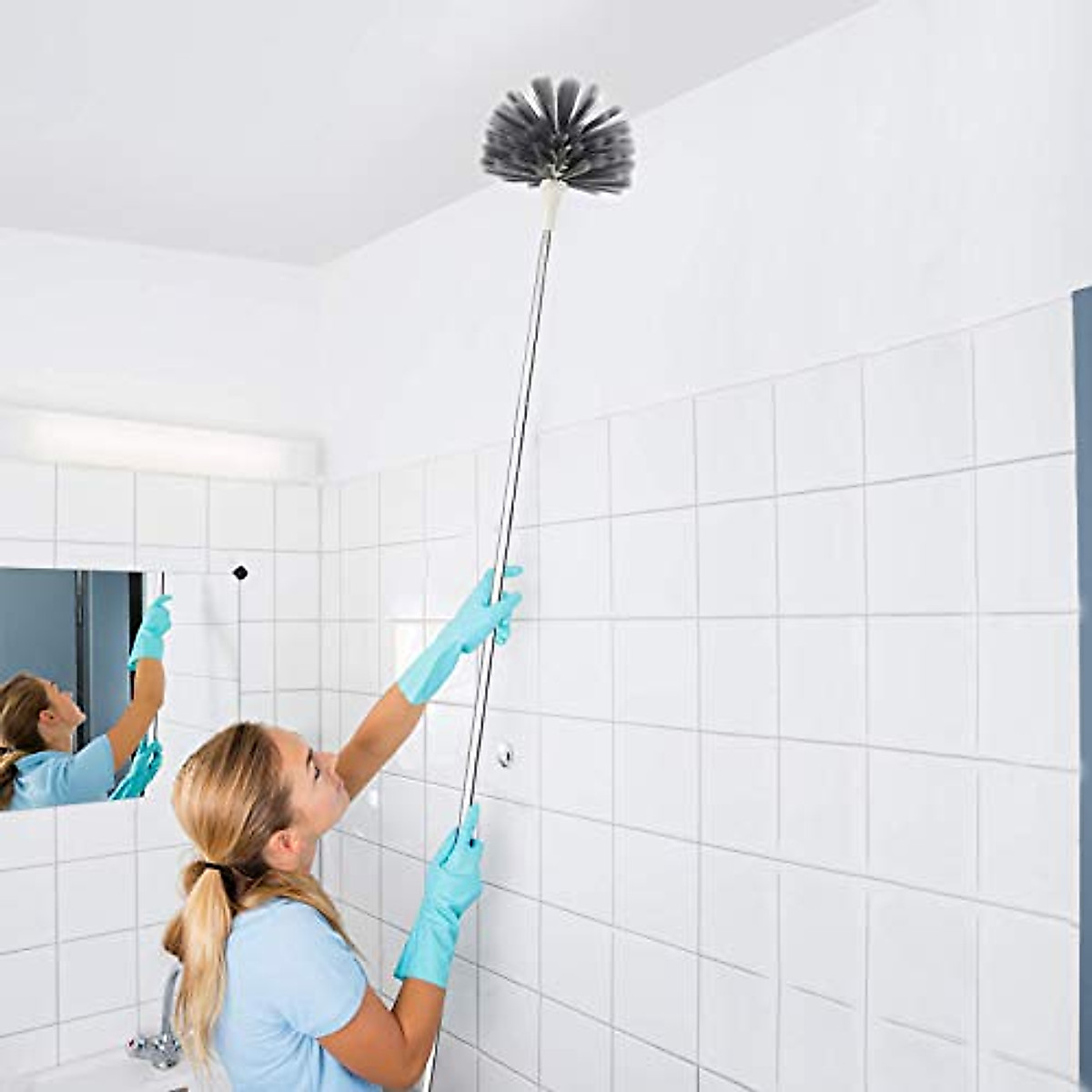 RMAI Duster with Extension Pole(Stainless Steel), 100’’ Extra Long Microfiber & Domed Cobweb Double Replacement Heads Extendable Dusters, Scratch Resistant Duster for Cleaning High Ceiling Fan, Cars