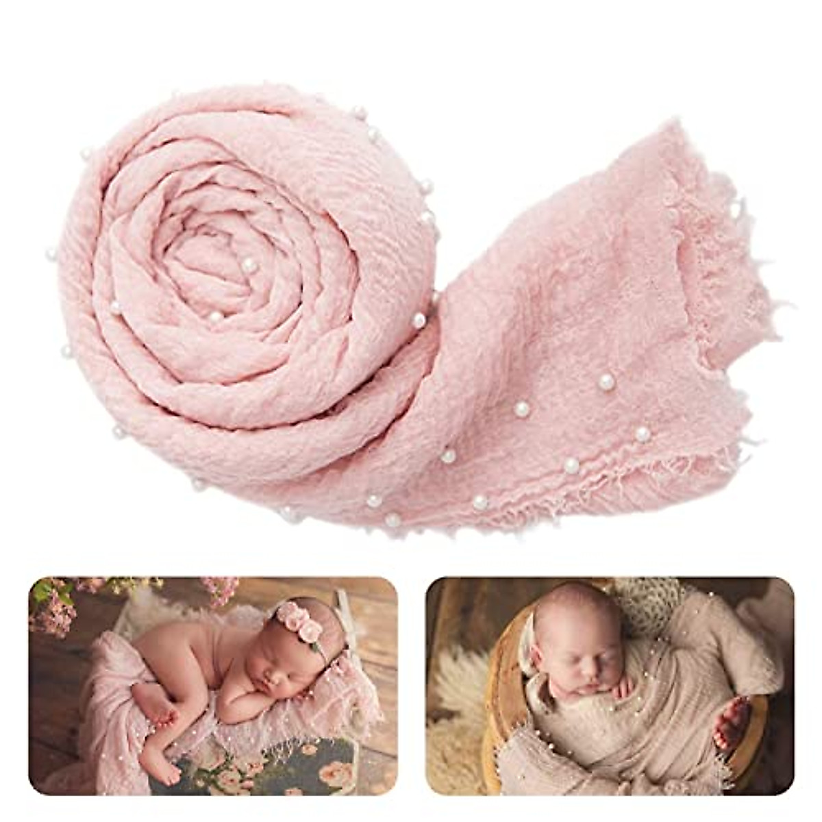 4 PCS Newborn Photography Props Wrap Knit Handmade Pearl Decor Wrap Blanket Swaddle Baby Photo Props Baby Photoshoot Props Prop 2PCS Newborn Photography Wraps + 2PCS Headband(Snow Powder/Beige)
