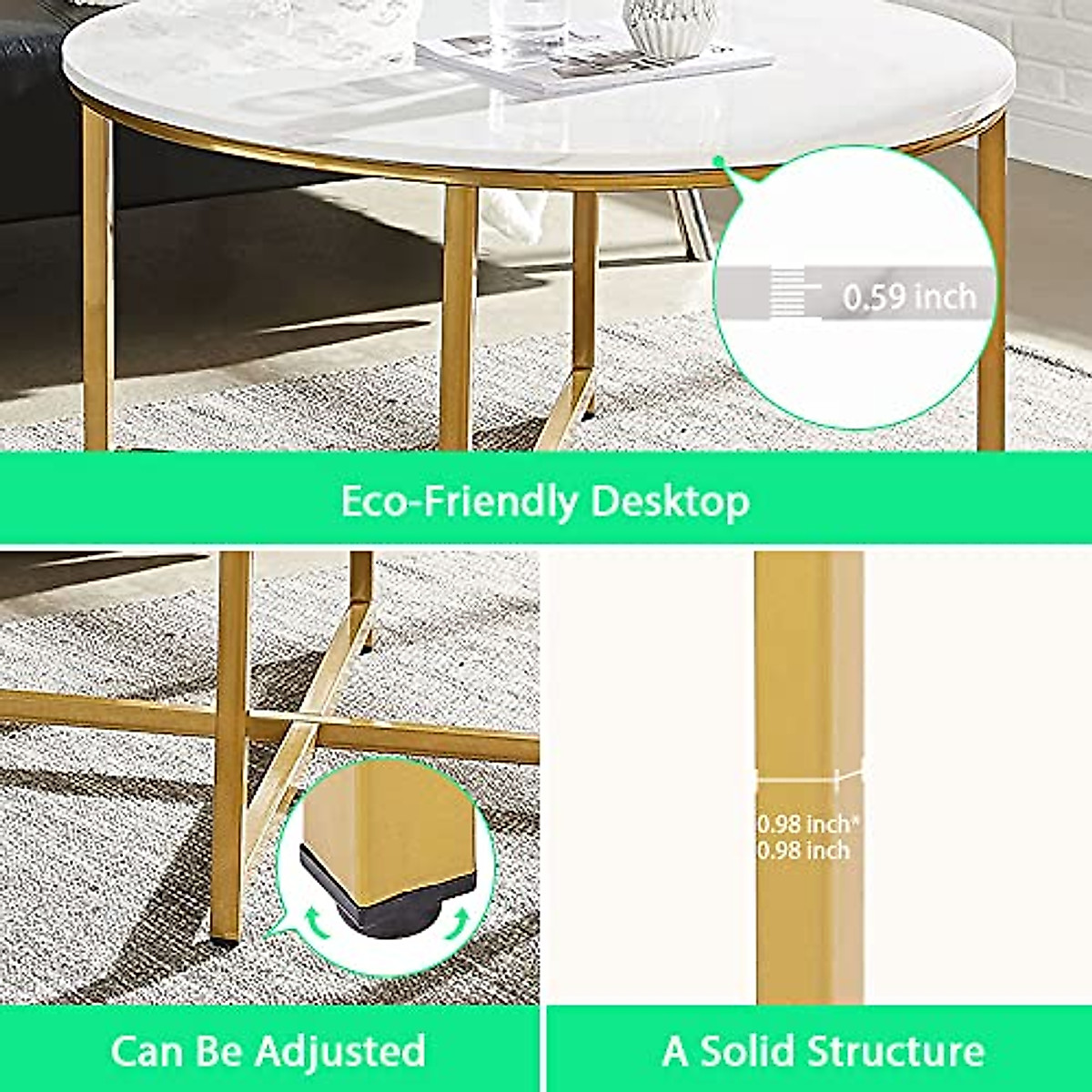AZL1 Life Concept Modern Round Coffee Table for Living Room, Sofa Center Table for Dining Room, Modern Marble Tabletop with Gold Metal Legs, Marble.