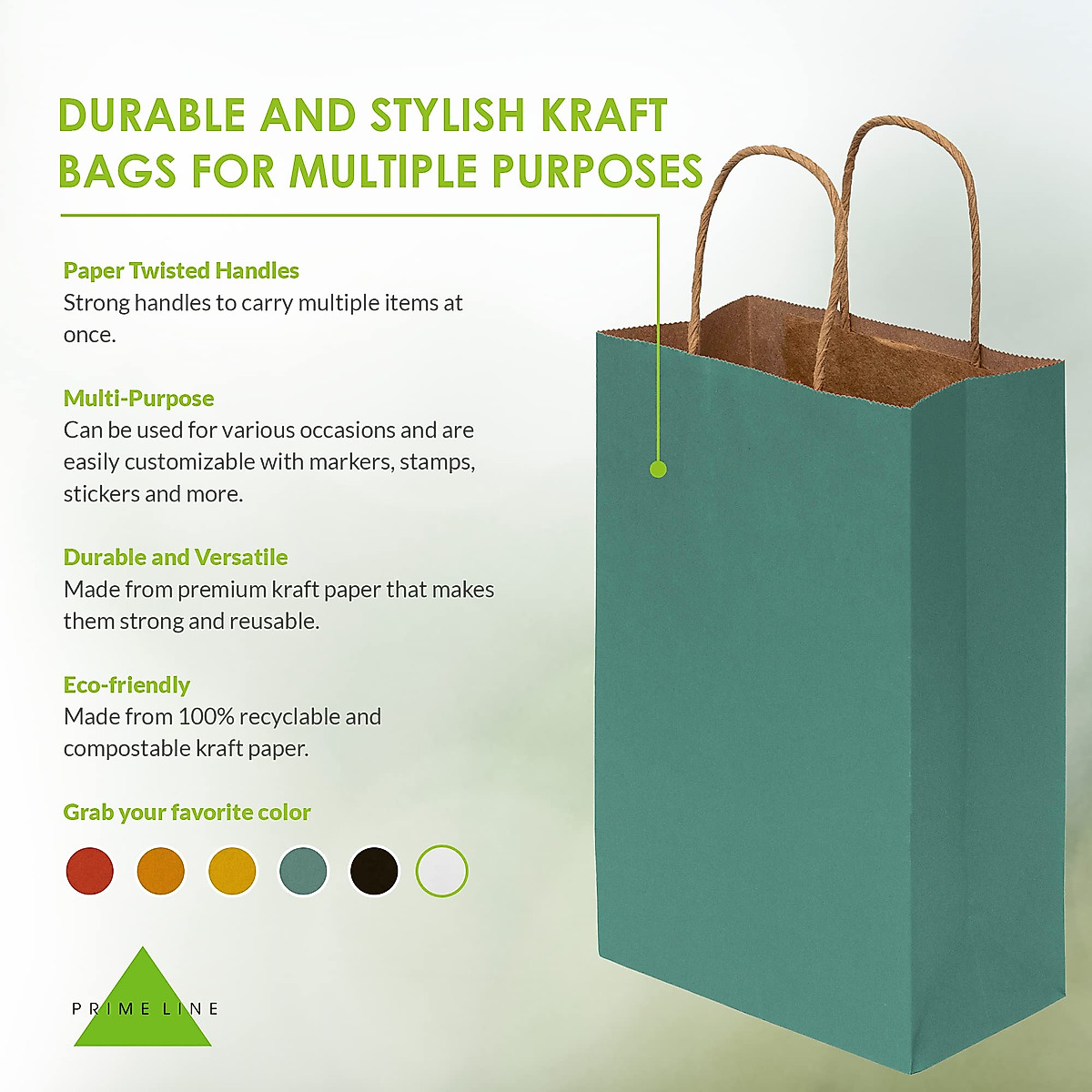 Prime Line Packaging 6x3x9 50 Pack Green Small Gift Bags with Handles, Kraft Colored Paper Bags, Recycled Bags, Items for Wedding Welcome Bags, Bulk