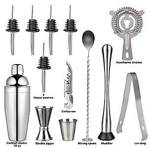 Olebes Bartender Kit, 13-Piece Home Bar Cocktail Shaker Bar Set with Stylish Bamboo Stand, Stainless Steel Bar Tool Set, Great for Home Bartending Kit for Drink Mixing