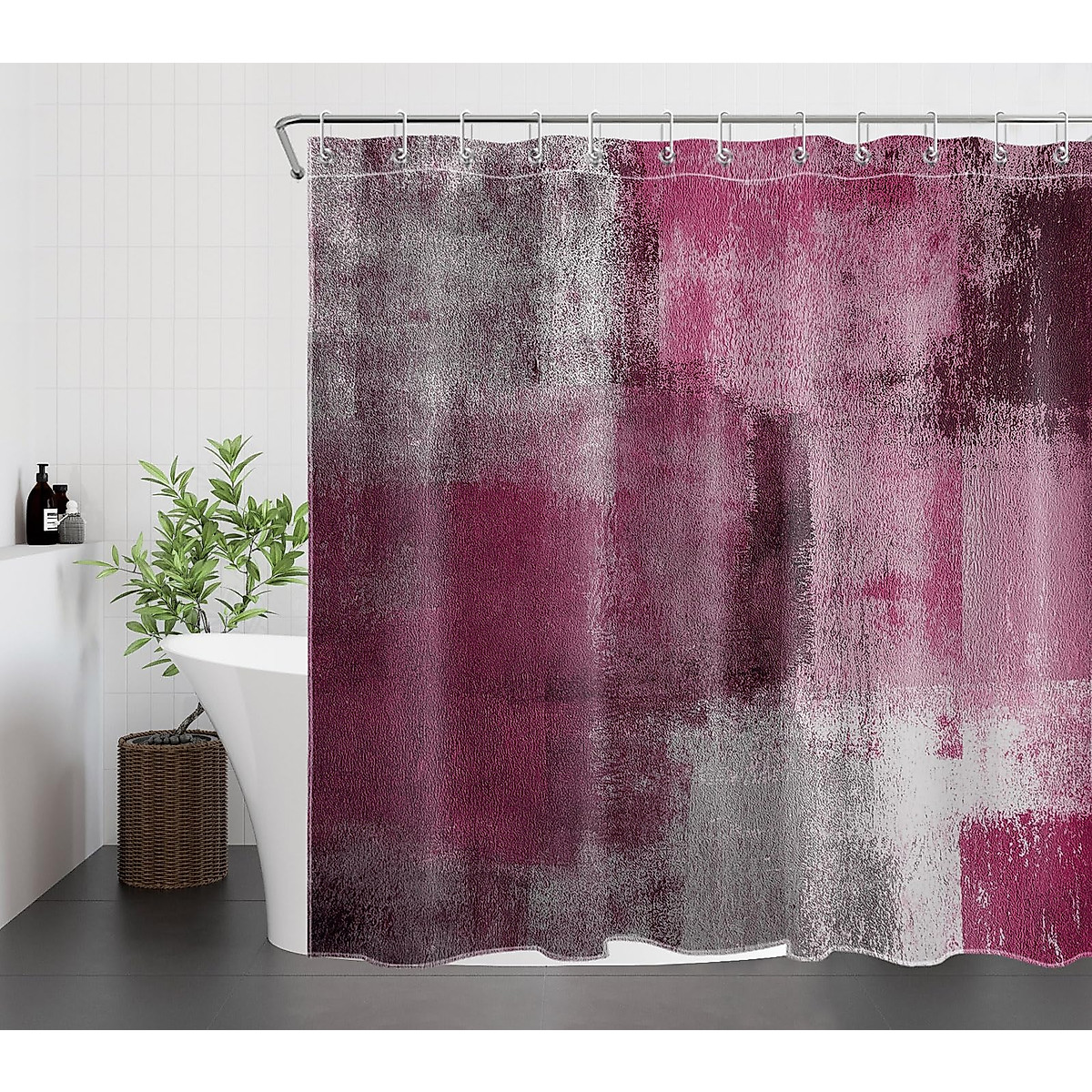 LB Pink and Grey Shower Curtain Sets with Rugs Country Retro Abstract Texture Geometric Pattern Fabric Shower Curtain with Hooks Modern Watercolor Bathroom Curtains Shower Set, 70x70 inches