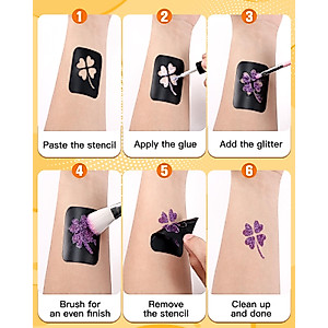 Lictin Glitter Tattoo Set - 24pcs Cosmetic Glitter Tattoo Set Tattoo Stencils Glitter Tattoos Temporary Tattoo Template Set with 117 Stencils, 2 Glue, 5 Brushes