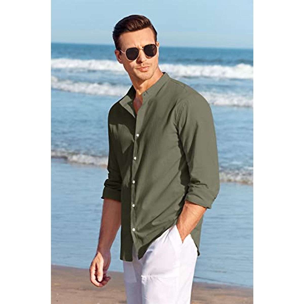 Makkrom Men's Cotton Linen Shirts Long Sleeve Button Down Band Collar Summer Beach Shirt Top Army Green