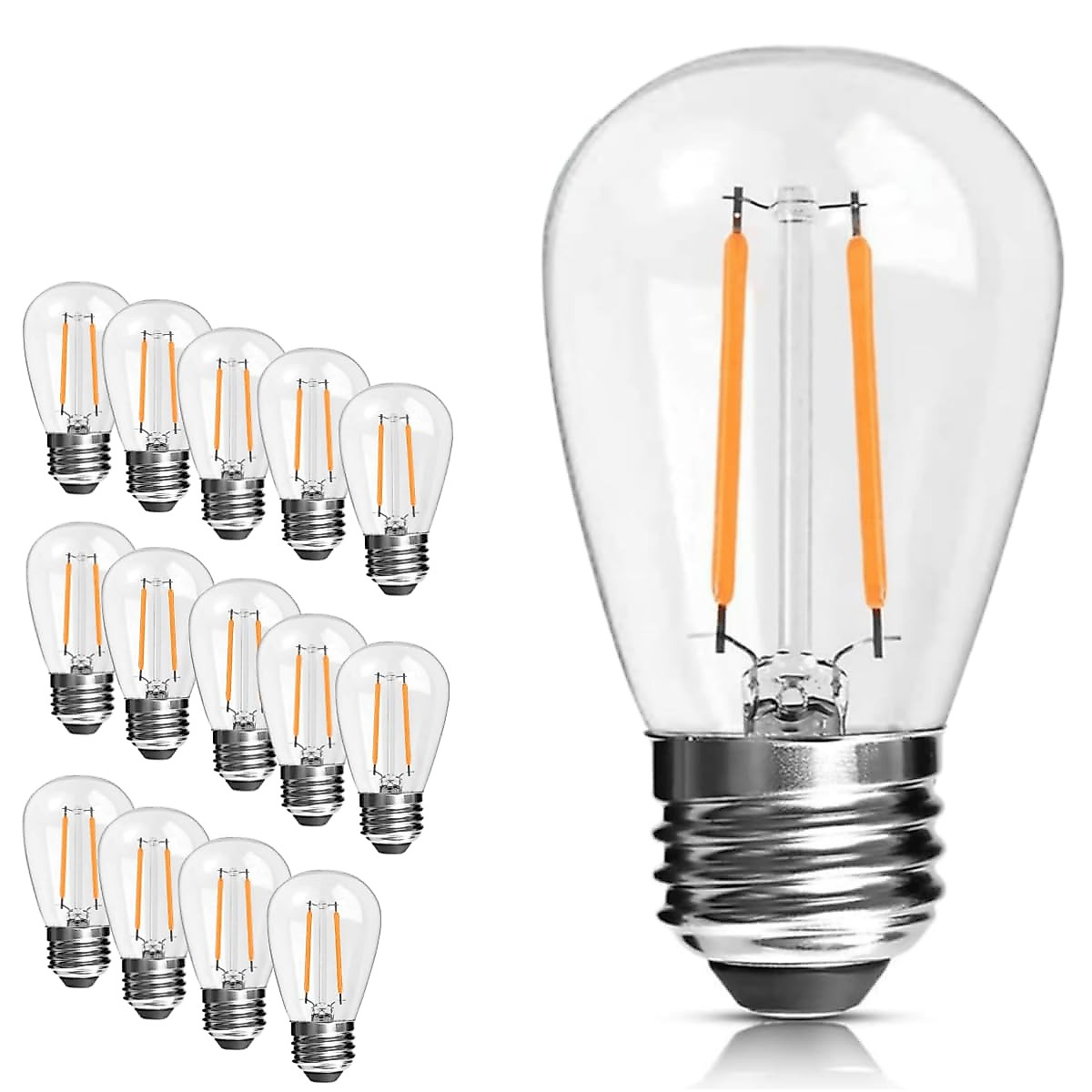 ROMANJOY LED Light Bulbs, 11-15W Equivalent Incandescent Bulbs Replacement, Waterproof Bulbs for Outdoor Patio String Lights, Vintage Edison LED Filament Bulb (S14-2W-E26-15Pack, 2200K Warm White)