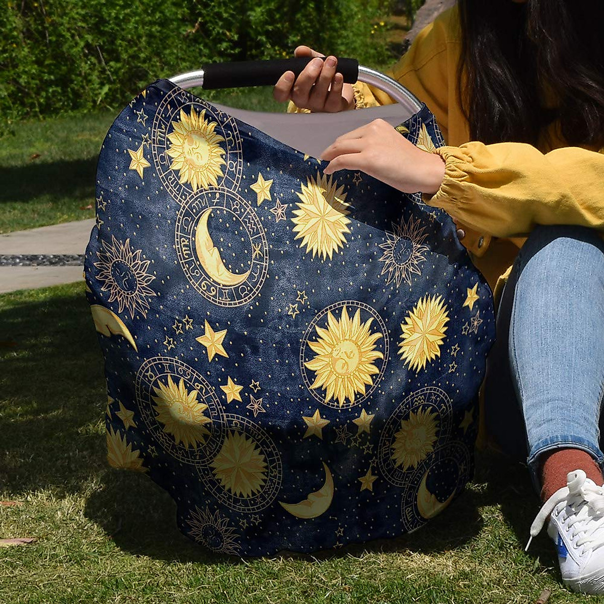 Car Seat Canopy Nursy Cover Zodiac Sign, Multi Use Breastfeeding Scarf for Infant Carseat Canopy Stroller Shopping Cart Highchair Boho Celestial Bodies Gold Sun Moon and Stars Ancient Pattern