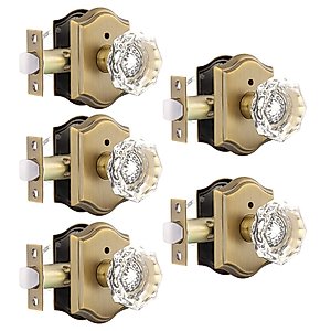 Gobrico Interior Door Locksets in Antique Brass,Octagonal Crystal Doorknobs for Bed/Bath,Privacy Function Door Handles,Push Pin Inside Lock,5 Pack