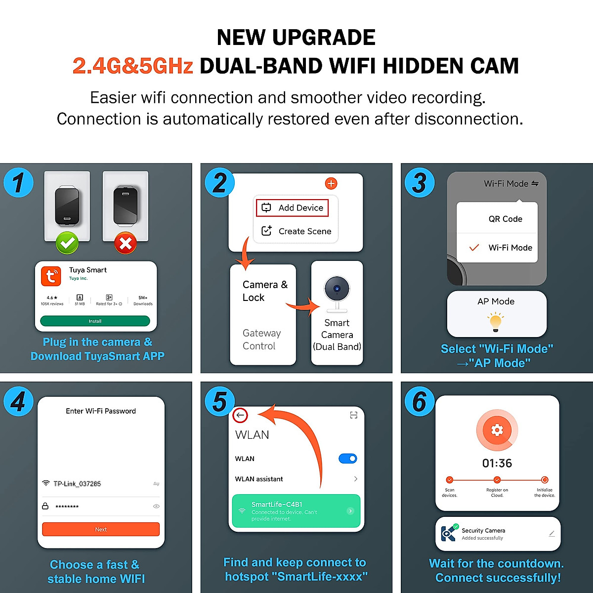 KINGDANS 【Upgrade 4K Full Hidden Camera Supports 2.4G&5GHz WiFi, Spy Camera Charger with Human Detection, 160° Wide View-Angle, Night Vision Nanny Cam for Home Security, TuyaSmart APP, Portable