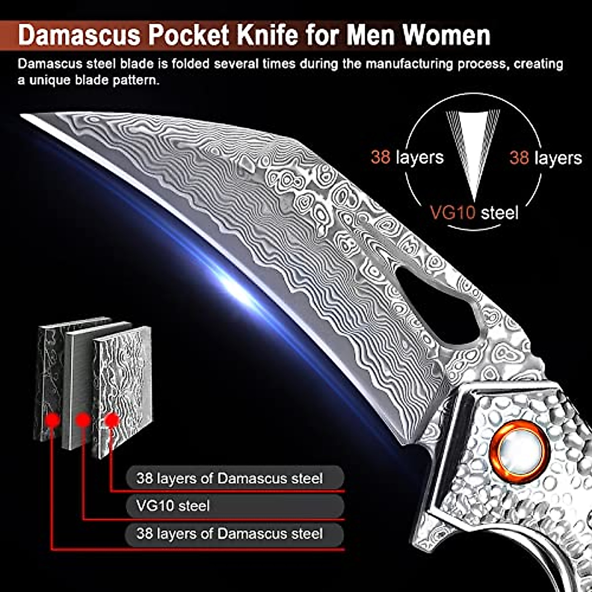KOMWERO Damascus Pocket Knife for Men, VG10 Core Damascus Steel Folding Knife with Ball Bearing, Liner Lock, Abalone Shells Handle, Leather Sheath, Sharp EDC Knife for Gift Collection