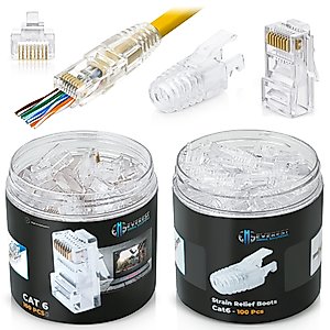 Everest Media Solutions RJ45 Cat6 Pass Through Connectors and Strain Relief Boots - Pack of 100/100 - EZ to Crimp Modular Plug for Solid or Stranded UTP Network Cable - Male Ethernet Connector End