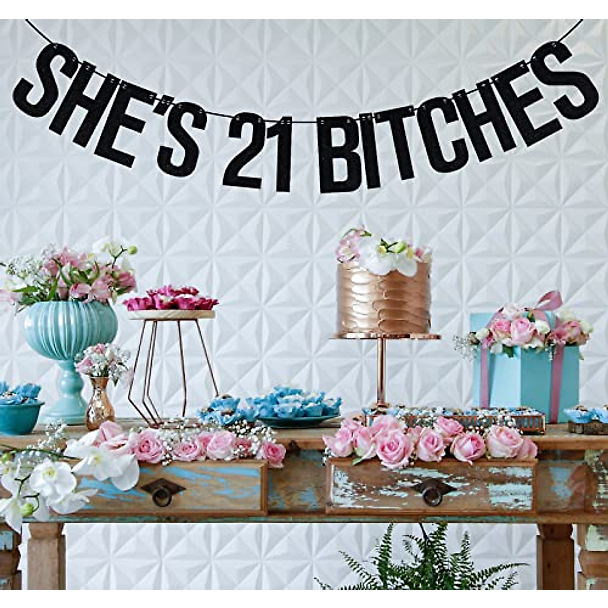 She's 21 Bitches Banner, Girls 21st Birthday Party Decorations, Cheers to 21 Years, 21st Birthday Decorations for Women Black Glitter