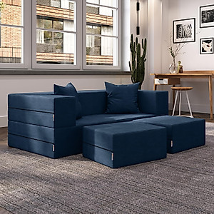 Jaxx Zipline Convertible Sleeper Loveseat & Ottomans, Textured Microvelvet - Indigo
