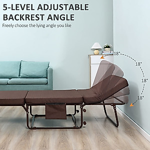 HOMCOM Rollaway Bed, Folding Bed with 3.25" Mattress, Portable Foldable Guest Bed with Adjustable Backrest, Steel Frame and Wheels, Brown
