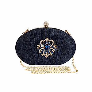 Mulian LilY Navy Blue Evening Bags For Women Pleated Glitter Rhinestone Crystal Brooch Clutch Purse With Detachable Chain Strap M268