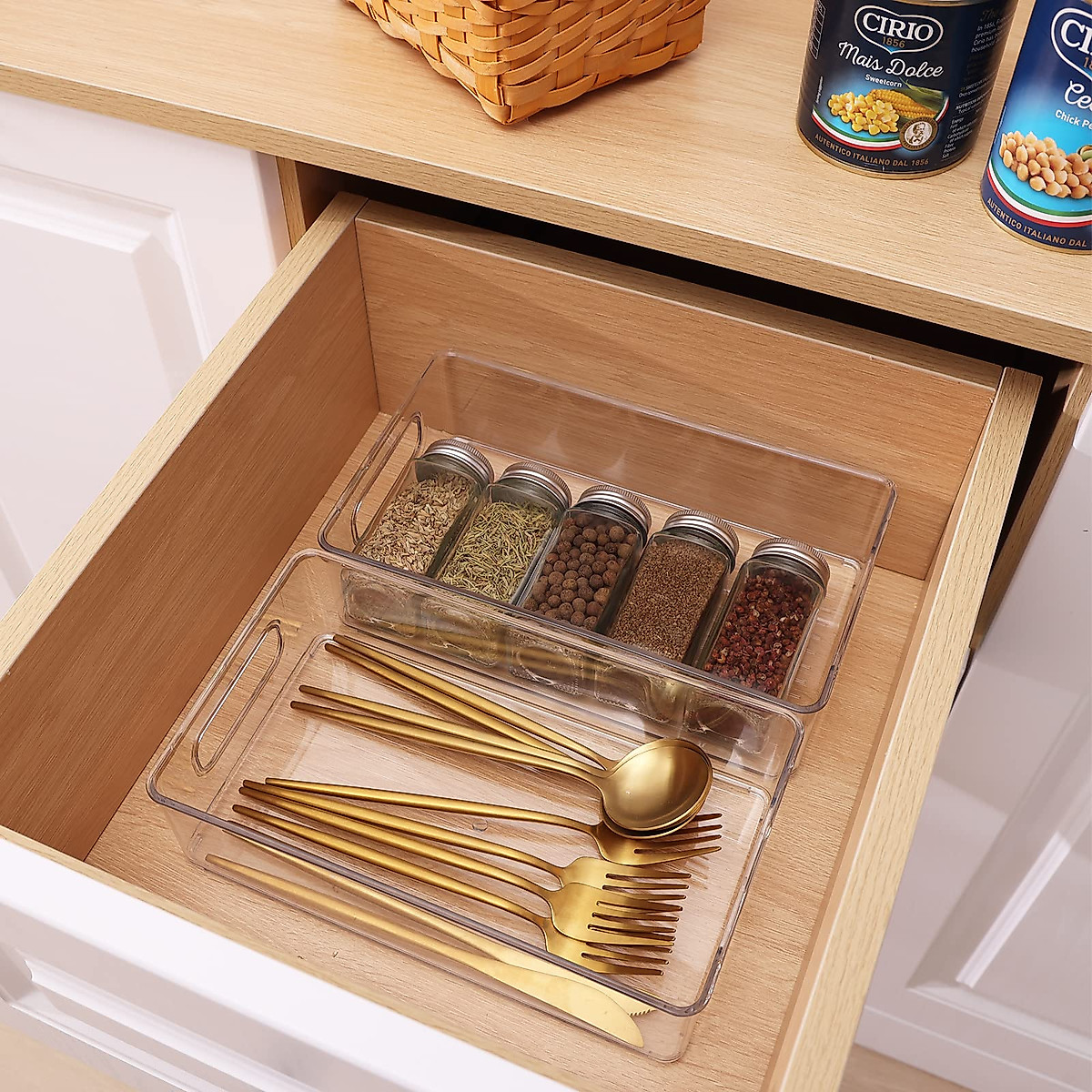 Moretoes 6 Pack Plastic Kitchen Pantry Cabinet, Clear Organizing Bins with Handles, Stackable Clear Storage Bins for Fruit, Yogurt, Shelf, Drawer- Food Safe,10 Inch Long