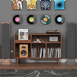 Furtivusia Mid Century Modern Record Player Stand with Power Outlet - Holds up to 350 Albums, Vinyl Record Storage Cabinet and Turntable Stand