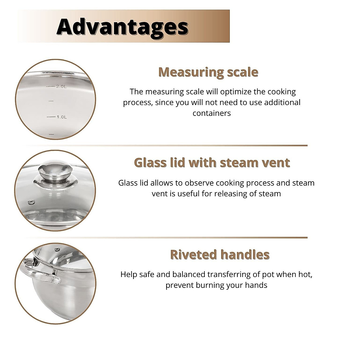 Daniks Classic Stainless Steel Kitchen Induction Pot Cookware Set | 6-Piece | Dishwasher Safe Pots with Lid | 2 Quart + 3 Quart + 4 Quart | Measuring Scale | Silver