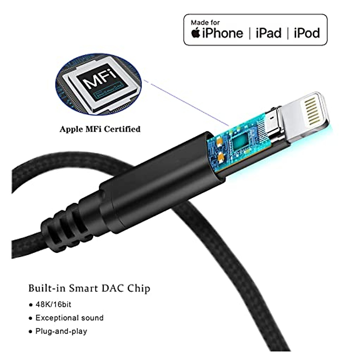 Wahbite Lightning to 3.5mm Audio Cable Compatible with iPhone 14/13/12/11/XR/XS/X/8/7/6 Plus/SE 2, iPad