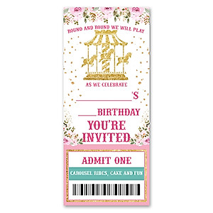 VAHATAN Carousel Birthday Party Invitations 20 Pack Carousel Ticket Invitations with Envelopes Invites Cards for Birthday Party