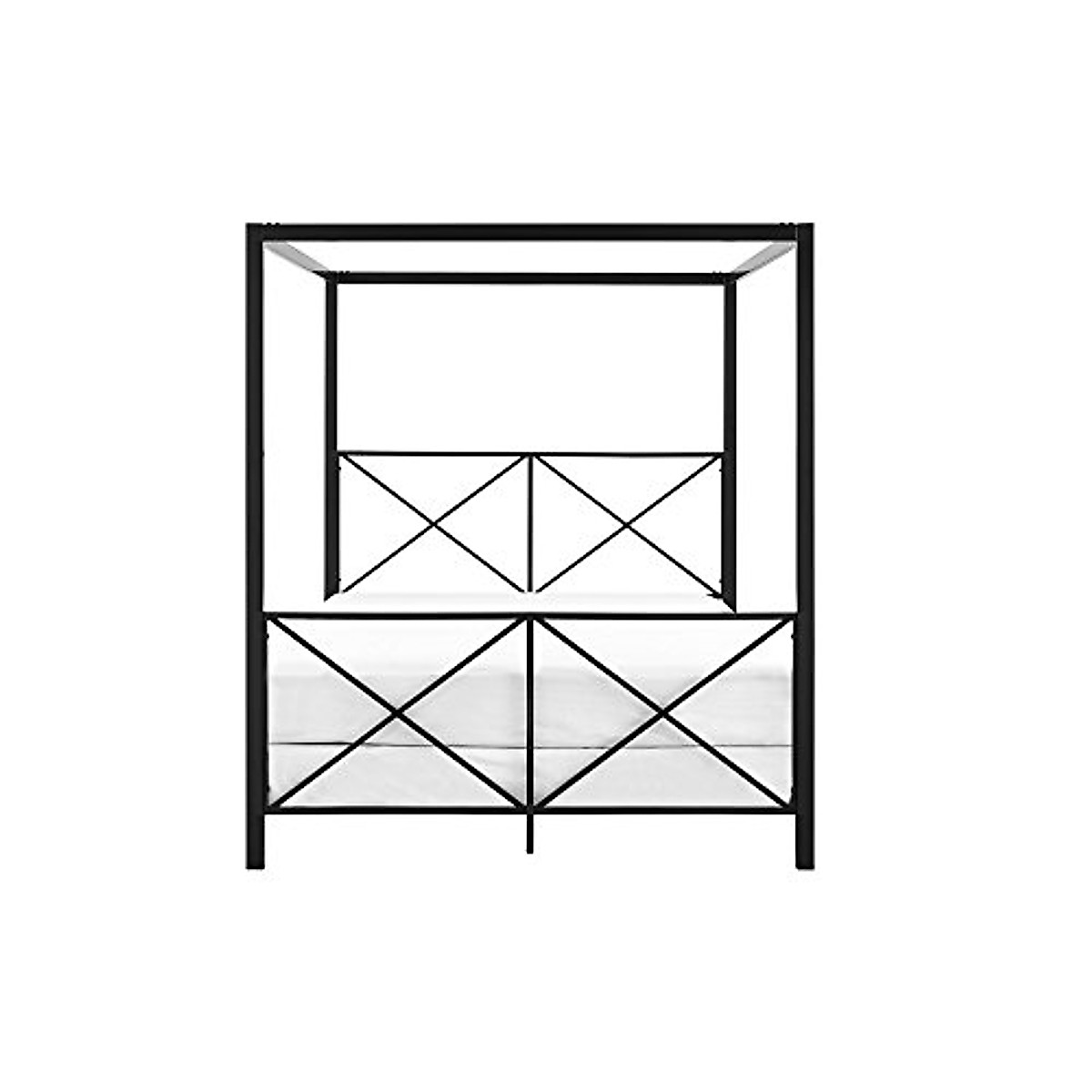 DHP Rosedale Metal Canopy Bed Frame with Four Poster Design and Geometric Accented Headboard and Footboard, Underbed Storage Space, Queen, Black